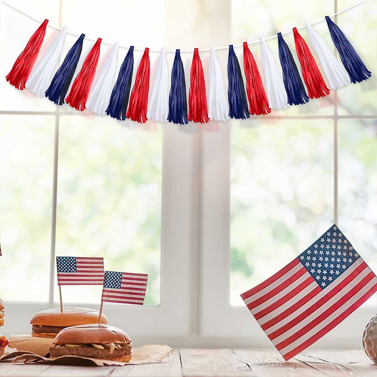 Outus 30 Pcs Red Blue White Banner Party Decorations Paper Tissue Tassel Garland DIY Hanging America Decor for School Supplies Wedding Birthday Bridal Baby Shower Anniversary Independent Day