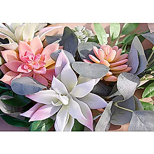 SYLOTS Artificial Succulent Wreath Door with Knotted Bow, Lrnn Fake Leaves Wreath Succulent Plants Hanging Wall Window Party Decoration for The Front Door, Home Decor in Summer and Fall, Weddings