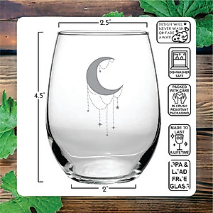 Crescent Moon Crystal - 15 oz Engraved Stemless Glass - Birthday Wine Gift - Love Potion - Mothers Day - Christmas - Apothecary Bar Collection - Full Moon Phase - Celestial Lunar - Witch Vibe - Tarot