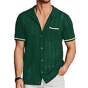 COOFANDY Knit Summer Shirts for Men Short Sleeve Button Down Polo Shirts with Pocket Green