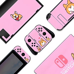 BelugaDesign Dog Corgi Switch Skin | Pastel Sticker Wrap Vinyl Decal | Cute Kawaii Bone Butt Animal Cartoon | Full Set Compatible with Nintendo Switch (Switch Standard, Pink)
