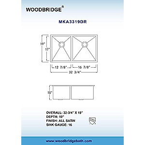 Woodbridge Kitchen Sink, 50/50 Double Bowl,33 Inch, 2 Holes,Stainless Steel MKA3319DM