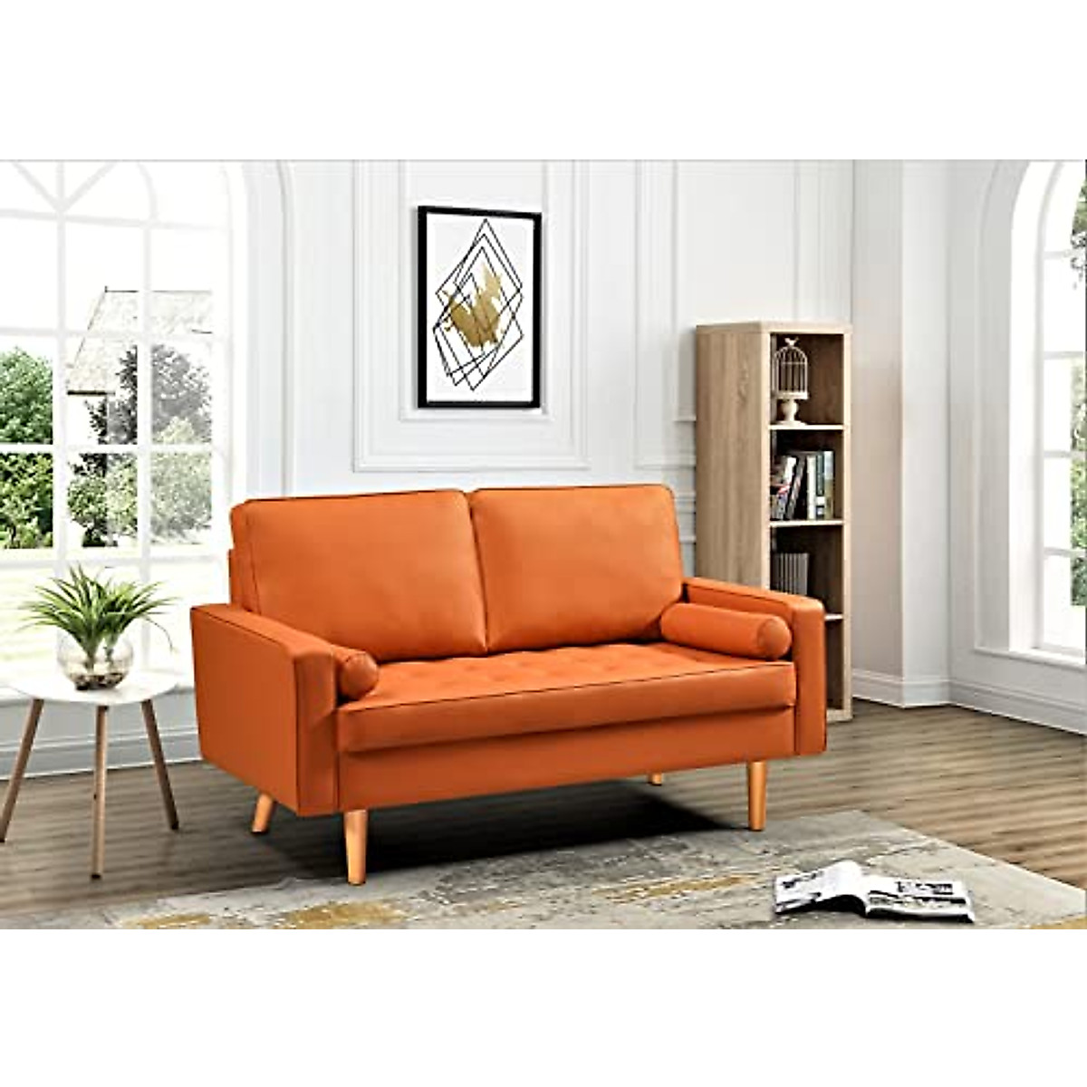 Container Furniture Direct Faux Leather Sofa for The Modern Living Room with Removable Cushions and Solid Wood Legs, Luxury Style Button-Tufted Loveseat, 58" Wide, Red Orange