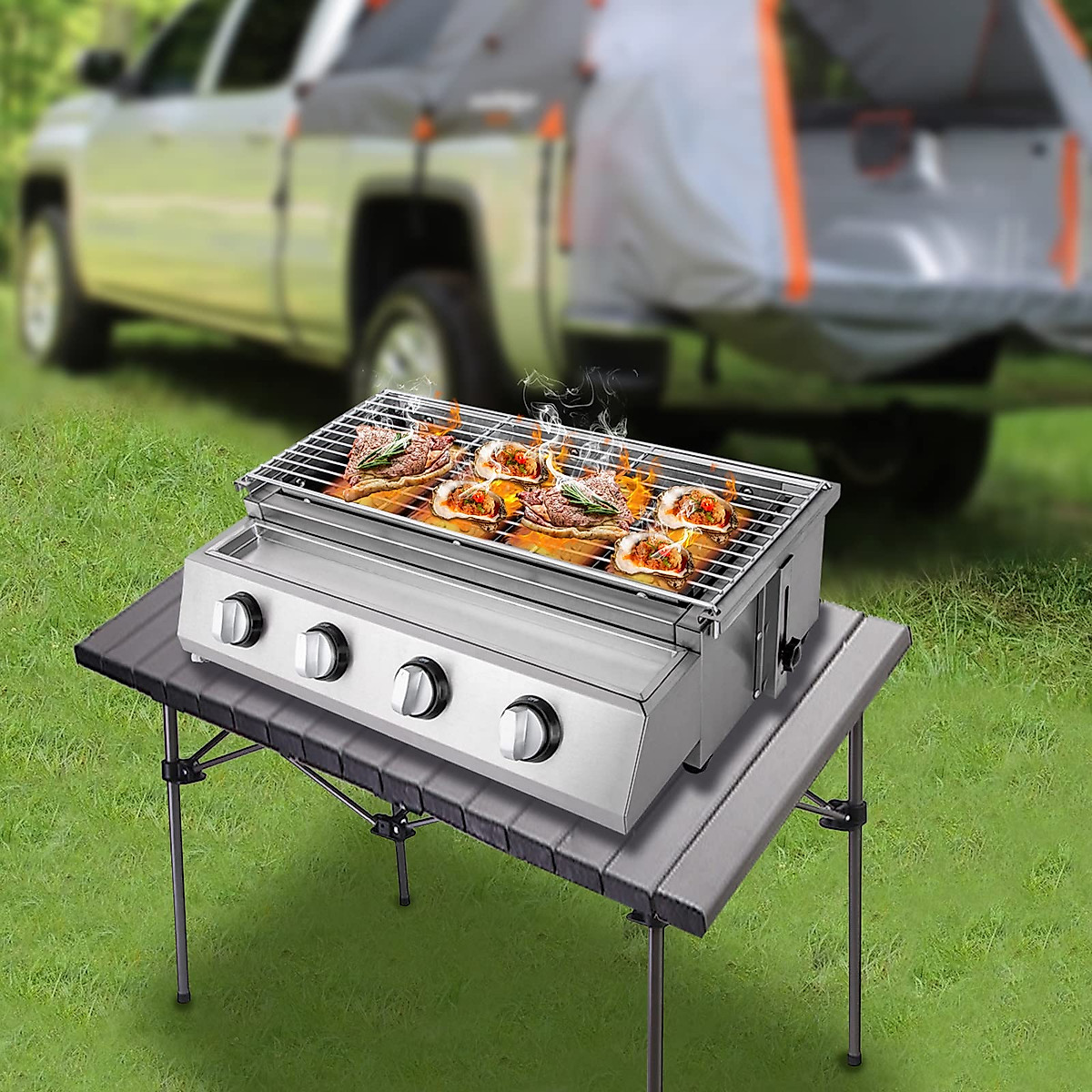 4 Burners BBQ Gas Grill, Commercial Gas Grill Griddle, Gas Indoor/Outdoor Grill BBQ Grill with Temperature Control, Flat Hotplate Smokeless Grill