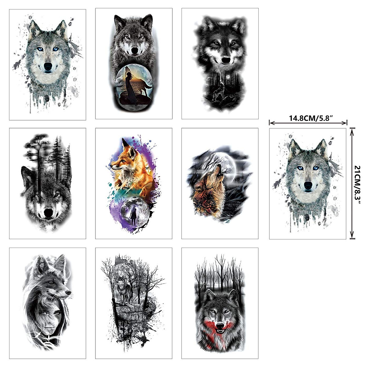 Wolf Temporary Fake Tattoo Stickers For Man Half Arm Size L8.3"xW5.8"