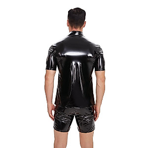 Men Sexy Leather Shirt, Glossy, Plus Size, Full Zipper, Short Sleeve, Shiny Latex Coat For Male, Red