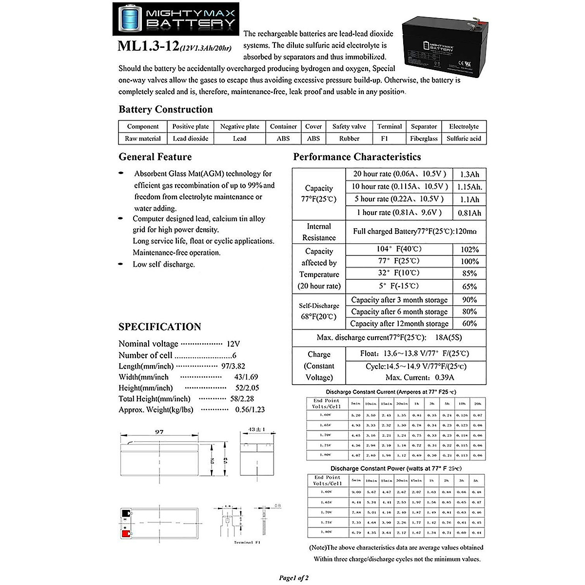 Mighty Max Battery 12v1.3ah SLA Replacement Battery for upg ub1213 46014