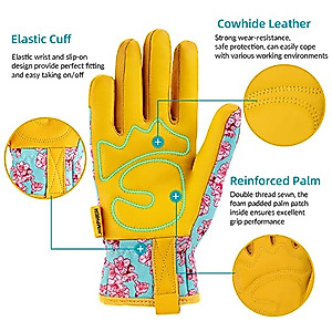 Leather Gardening Gloves for Women, JUMPHIGH Tough Cowhide Working Gloves, Flexible Breathable Spandex, Thorn Proof Garden Gloves for Yard, Gardening Gifts for Gardener (Medium)