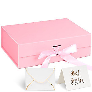 Shindel Pink Gift Box, 10.5x7.5x3.1 Inches Gift Box with Lid for Presents, Magnetic Gift Box with Ribbon, Bridesmaid Box with Lid Greeting Card