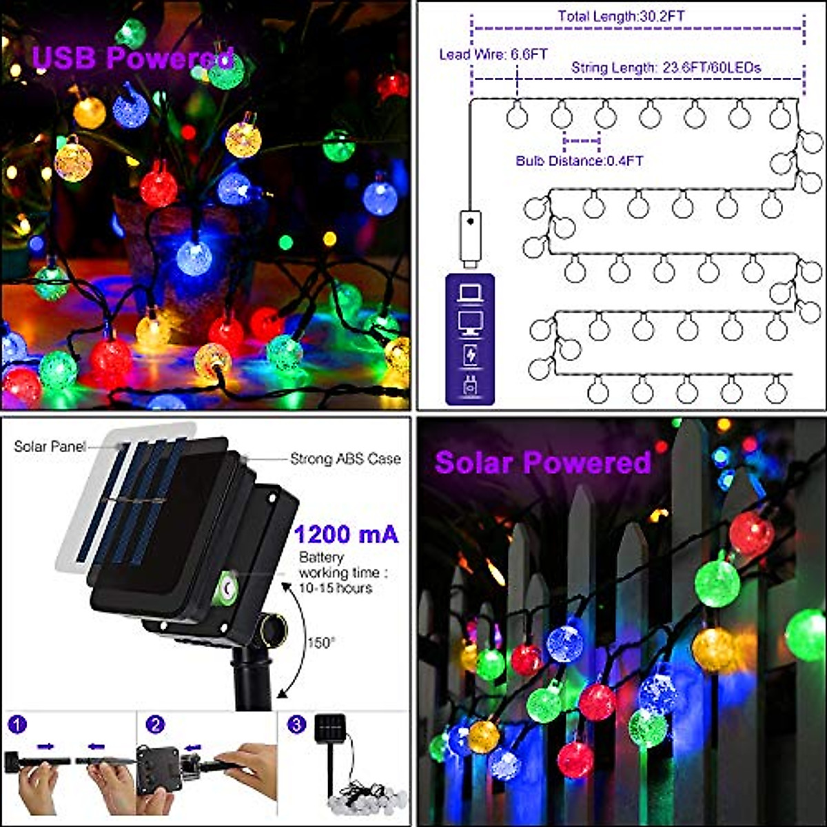 Solar String Lights Outdoor Waterproof, 30.2 FT 60 LED Crystal Globe Twinkle Lights Solar& USB Powered with 8 Lighting Modes for Garden Patio Backyard Party Wedding (60 LED, Multi-Colored)