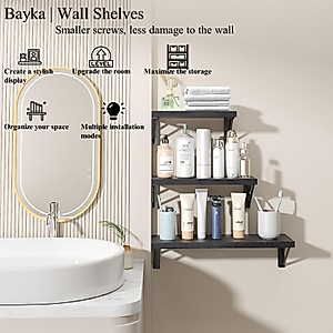 BAYKA Wall Shelves for Bedroom Decor, Floating Wall Shelves for Living Room Kitchen Storage, Wall Mounted Rustic Wood Floating Shelves for Kids Books, Small Shelf for Bathroom(Black，Set of 3)