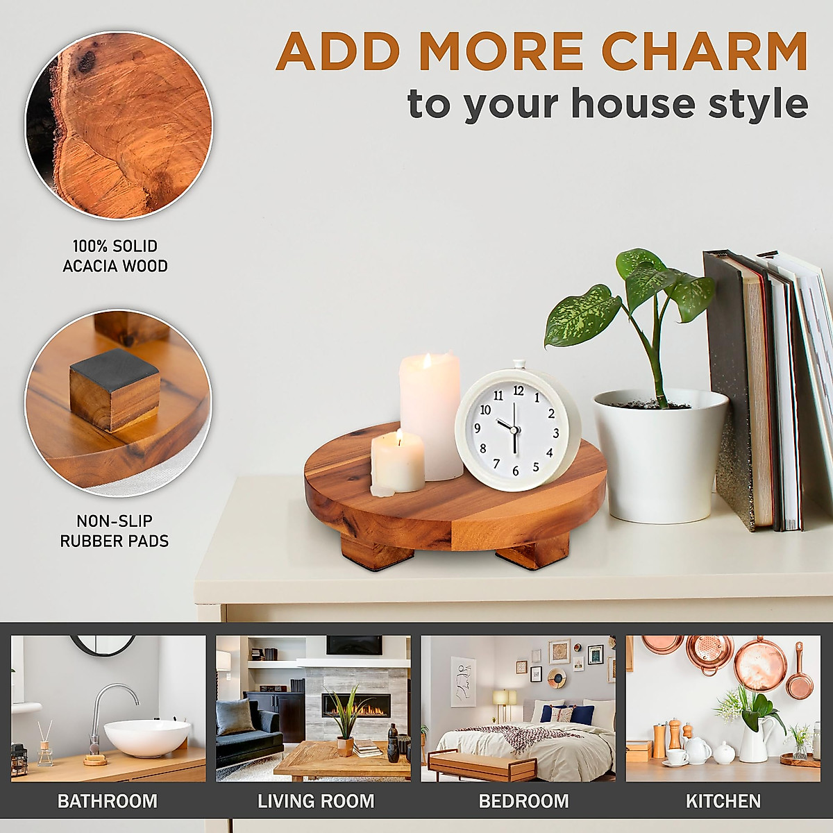 Demigo Round Wood Riser Board 9.5 inches, Natural Acacia Wood, Farmhouse Plant Holder, Multi-Purpose Display Stand, Wooden Pedestal for Soap, Plants, Candles, Countertop, Kitchen, Bathroom