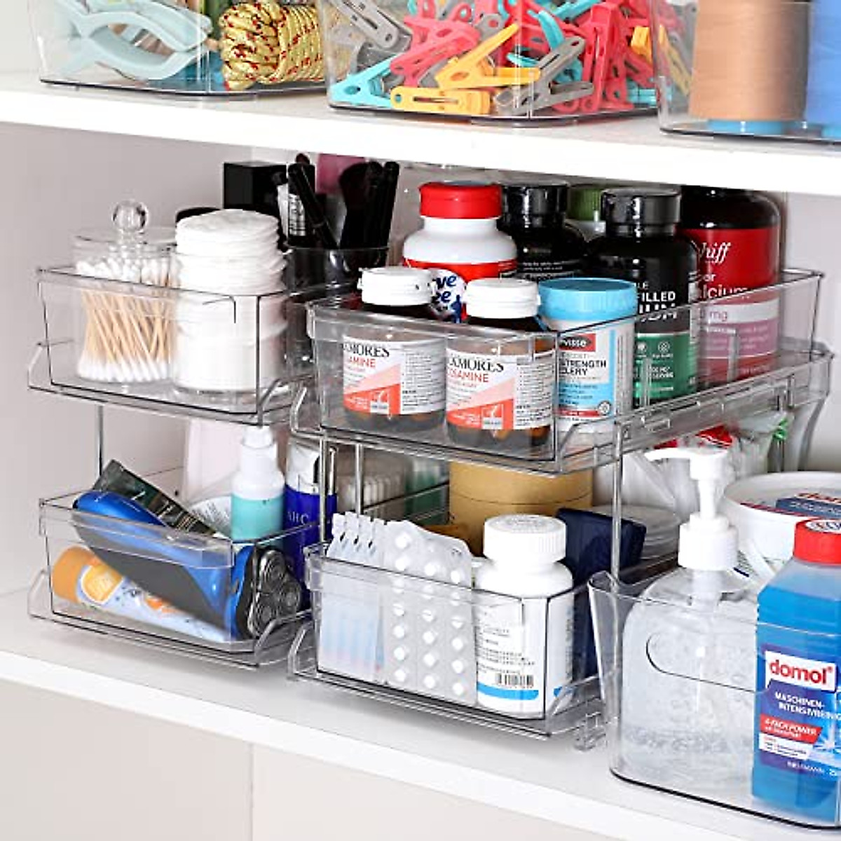 LANDNEOO 2 Tier Clear Organizer with Dividers & 2 Set, 2 Tier Pull-Out Under Sink Organizer and Storage with Dividers