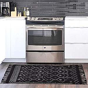 Boho Black and White Rugs, Runner Bath Rugs, Geometric Tribal Mats, 2' × 4.3' Cotton Woven Area Rug with Tassel for Kitchen, Bedroom, Entrance, Laundry Room…