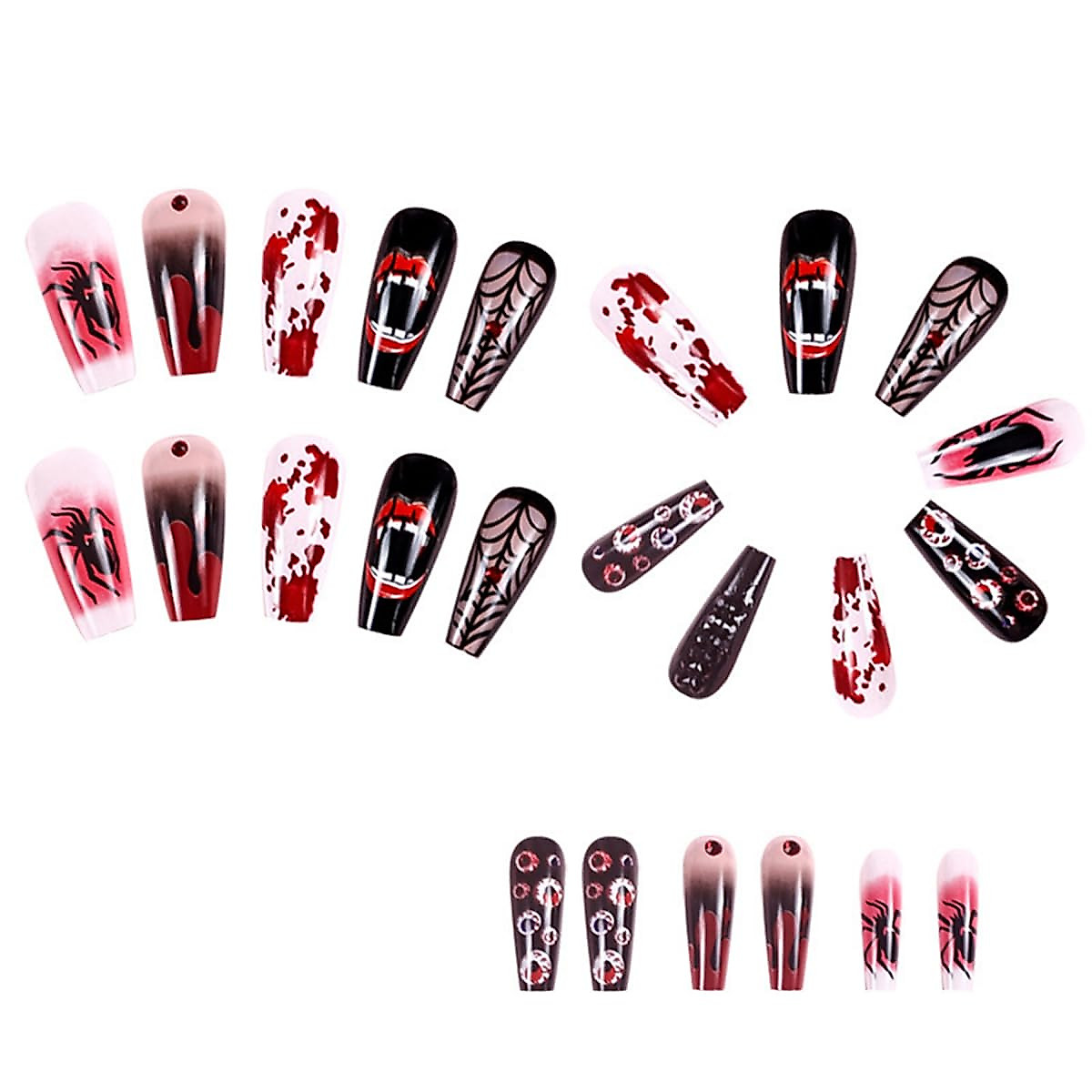 Halloween Press on Nails Medium Coffin Fake Nails Spider Eyeball Halloween Nails Press on Bloodstain Spider Web Acrylic Full Cover False Nails with Designs Gloosy Glue on Nails for Women&Girls 24PCS