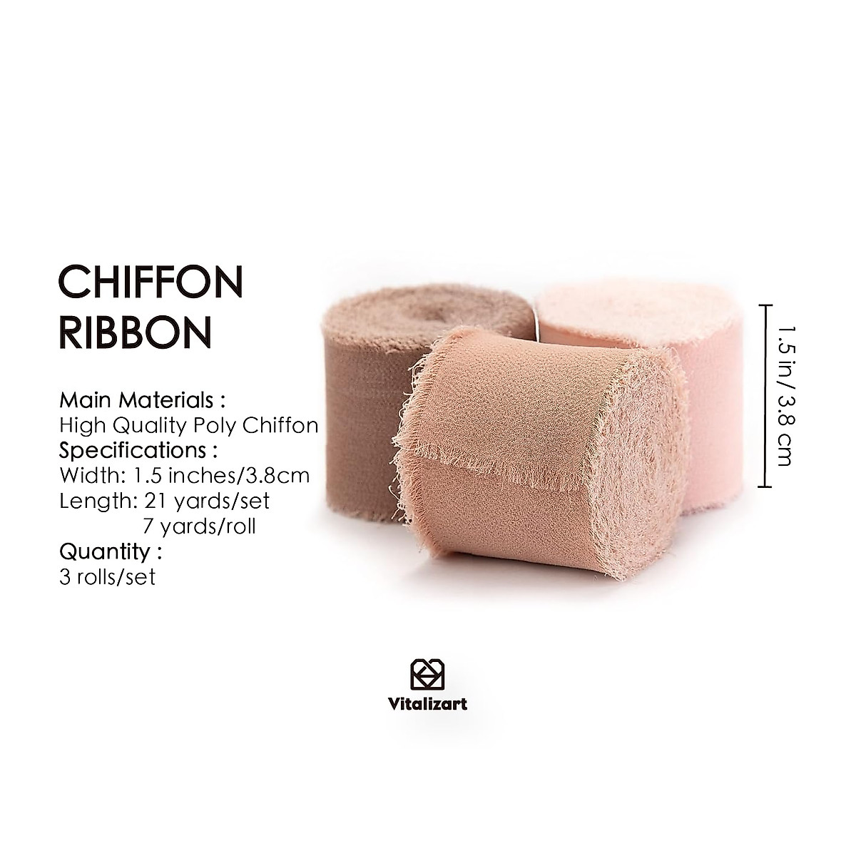 Vitalizart Dusty Rose Handmade Chiffon Silk Ribbon Fringe 1.5" x 21 Yd Frayed Edges Brown Ribbons for Wedding Invitations Bridal Bouquets Gifts Wrapping Crafts Holiday Party Decorations Nude Pink