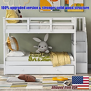 SNIFIT Upgraded Version & Stronger Solid Wood Convertible Bunk Bed Full Over Full with Trundle & Storage Shelves & Stairs, Thickened Reinforced Full Over Full Size Bunkbed (Easier Assembly) (White)