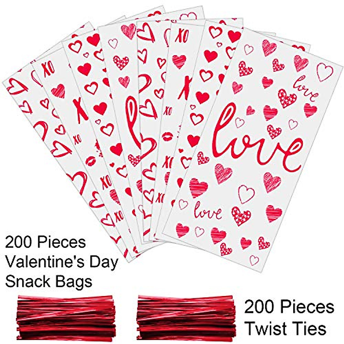 Aneco 100 Pack Valentine Cellophane Bags Valentine's Day Candy Cookie Bags 4 Styles Valentine Gift Bags Plastic Clear Cellophane Bags with Twist Ties for Valentine Party Favor Supplies