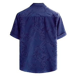 VATPAVE Men's Hawaiian Floral Jacquard Shirt - Casual Button Down Short Sleeve Summer Shirt With Pocket - XX-Large Navy Flower