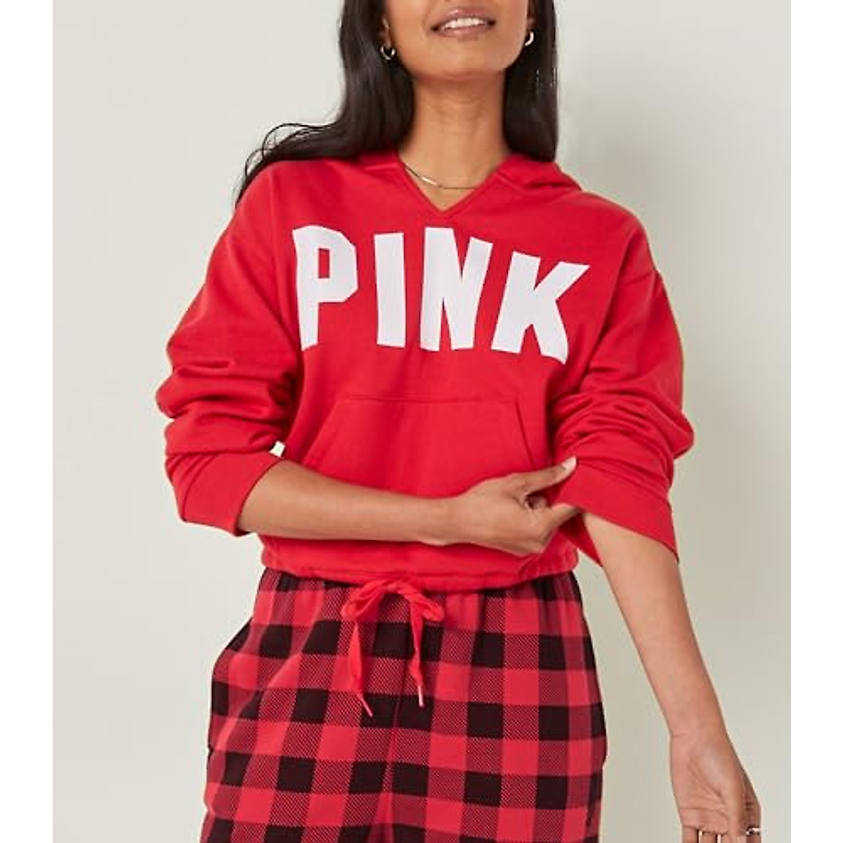 Victoria's Secret Women's PINK Logo Cropped Campus Hoodie Sweatshirt, Red Tie, XL