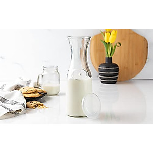 Kook Glass Carafe Pitchers, Beverage Dispensers, Clear Jugs For Mimosa Bar, Water, Wine, Milk and Juice, with Plastic Lids, Dishwasher Safe, 35 oz, Set of 3