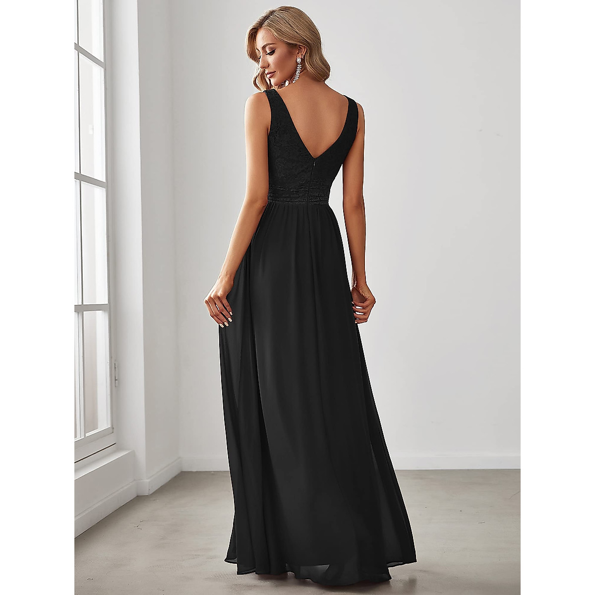 Ever-Pretty Double V-Neck Sleeveless Empire Waist Chiffon Formal Dresses for Evening Party Black US16
