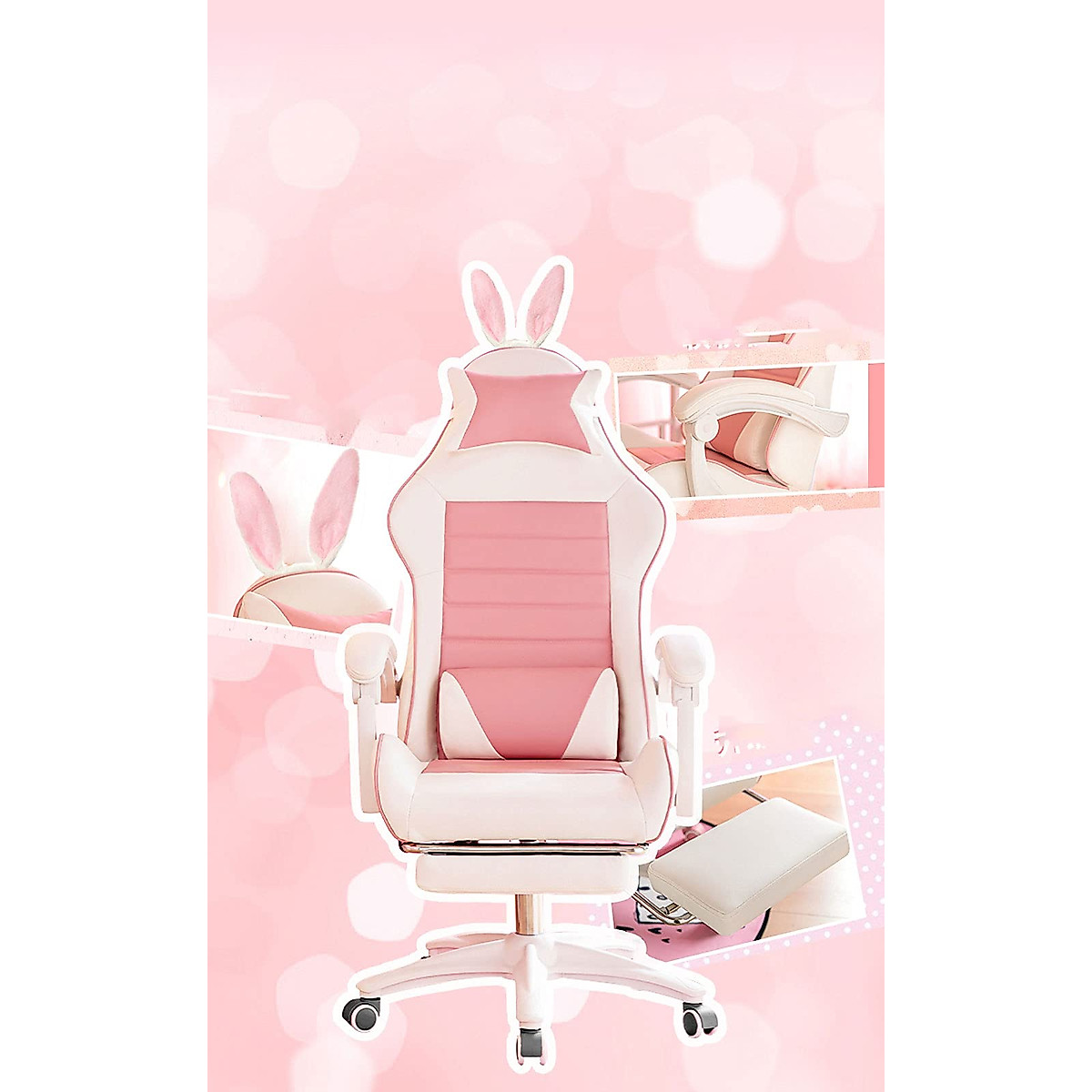 FFLLAS Gaming Chair Pink,Computer Office Chair Cute Pink Rabbit Style, with Retractable Arms and Footrest Adjustable Massage Lumbar Cushion Ergonomic Computer Desk Chair,Purple