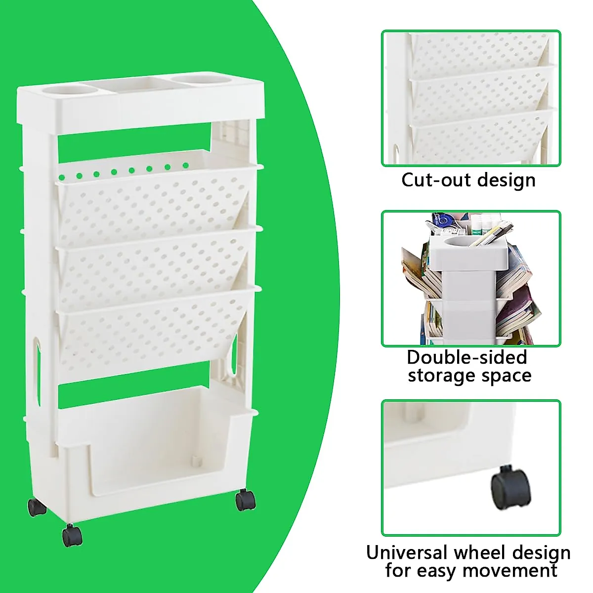 Esamploe 5 Tier Book Rack Storage Bookshelf,Rolling Small Bookshelf for Small Spaces with Double Sided Storage,Kids Bookshelf for Childrens Students in The Classroom Bedroom Library Study