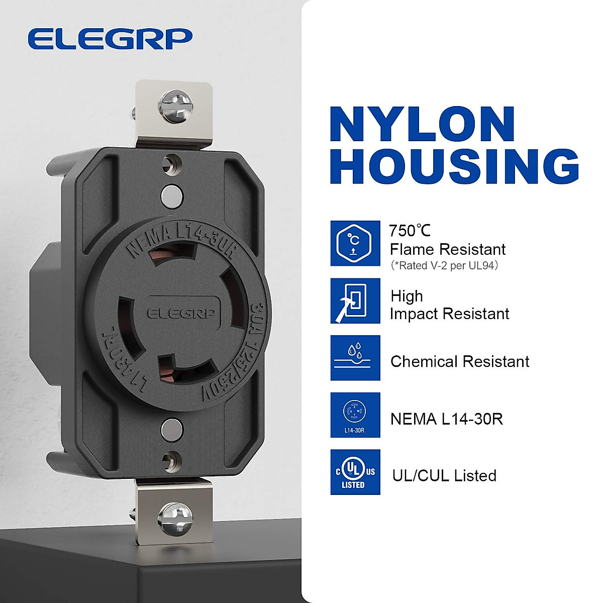 ELEGRP NEMA L14-30R Flush Mounting Locking Receptacle, Twist Lock Socket/Outlet for Generator, 30 Amp 125/250V 3 Pole 4 Wire Grounding, Industrial Grade Heavy Duty, UL Listed (1 Pack, Black)