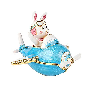 Furuida Airplane and Captain Rabbit Trinket Boxes Hinged Enamel Hand-Painted Animals Ornaments Unique Gift for Home Decor