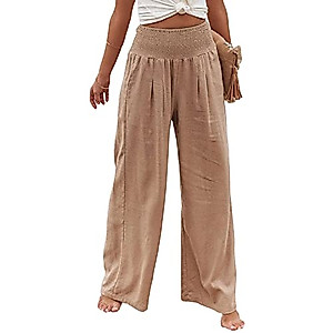 LIORAITIIN Women Cotton Linen Pants Elastic High Waist Loose Wide Leg Palazzo Lounge Sport Yoga Trousers with Pockets (Khaki, Large)