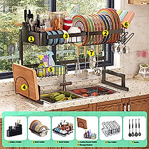 ilvvan Over Sink Dish Drying Rack (Expandable Height/Length) Snap-On Design Large Dish Drainer Stainless Steel Storage Counter Organizer (24" - 35.5"(L) x 12"(W) x 19" - 22"(H))