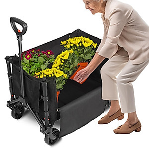 FUNHORUN Heavy Duty Collapsible Wagon Carts, Compact Foldable Utility Wagon with Versatile Canvas for Grocery, Camping, Shopping, Garden, Sports, Load up to 155LBS/120L, Black