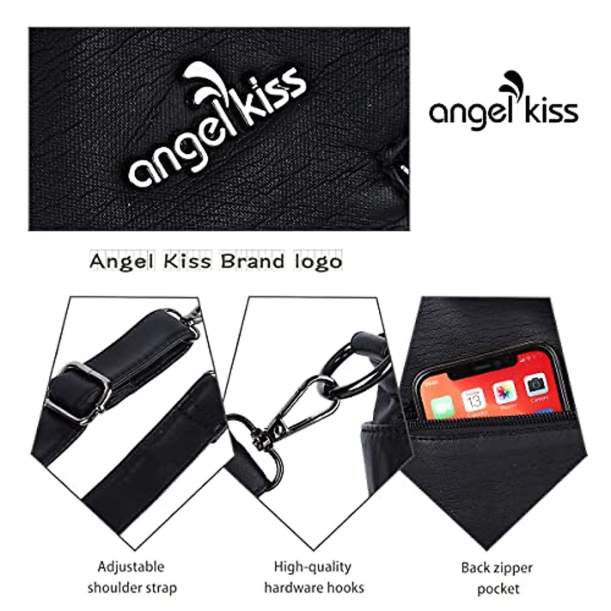 Angelkiss Women's Designer Handbag Large Double Zipper Multi Pocket Washed, Black