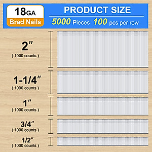 SimCos 5000 pcs 18 Gauge Brad Nails (1/2",3/4",1",1-1/4",2") Galvanized 18 GA Nail Gun Nails Assorted and Small Finishing Nails for Pneumatic, Electric Brad Nailer (package may be changed)