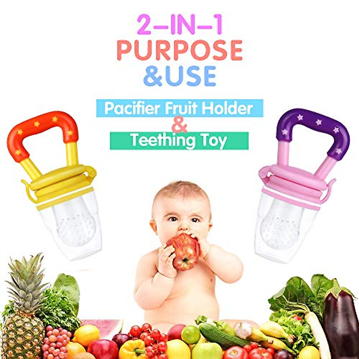 Baby Fruit Feeder Pacifier (2 Pack) - HAOBAOBEI Infant Teething Toy Teether in Appetite Stimulating Colors, Bonus Includes 3 Sizes Silicone Pouches