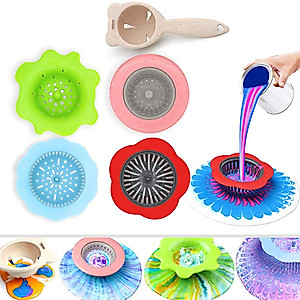 Acrylic Pouring Strainers, Angela&Alex 5 PCS Flow Painting Tools Christmas DIY Kits Drawing Sets Flower Strainers Plastic Silicone Drain Basket Unique Pattern Train Art Supplies