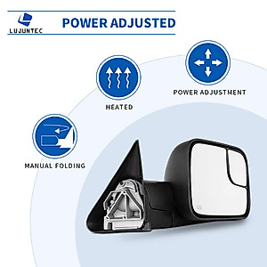 LUJUNTEC Tow Mirror Replacement fit for 2002-2008 for Dodge for Ram 1500 2003-2009 for Dodge for Ram 2500/3500 Pickup Towing Mirror Passenger Right Side Power Adjusted Heated No Turn Signal Light