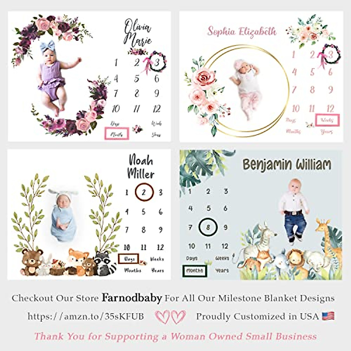 Farnodbaby Personalized Baby Milestone Blanket Girl Floral, Customized Milestone Blanket, Monthly Milestone Blanket, Baby Photo Prop Blanket, Custom Milestone Blanket, Baby Growth Age Chart