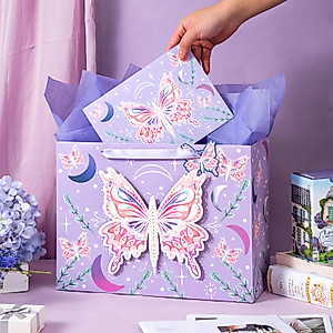 WRAPAHOLIC 13" Large Gift Bag with Card and Tissue Paper - Purple Butterfly Design for Birthday, Mother's day, Baby Shower, Party