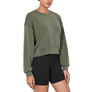 ODODOS Modal Soft Long Sleeve Cropped Sweatshirts for Women Oversized Crew Neck Pullover Crop Top, Dark Sage, Large