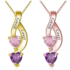 MissNity Personalized Birthstone Necklace Engraved 2 Names for Women - Custom Mother Pendant Necklace with Stones in 925 Sterling Silver for Mother's Day Gift