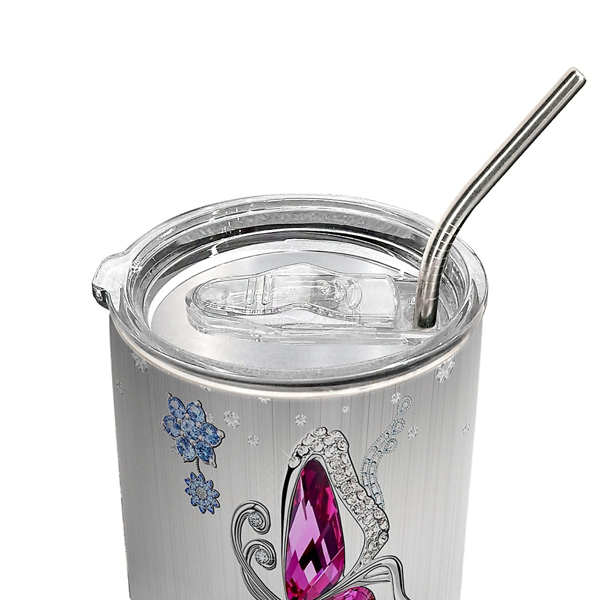 20oz Jewelry Crystal Butterfly Tumbler, Gifts for Butterfly Lovers, Coffee Thermos for Women, Stainless Steel Double Wall Vacuum Insulated Coffee Mug, Travel Cup with Lid