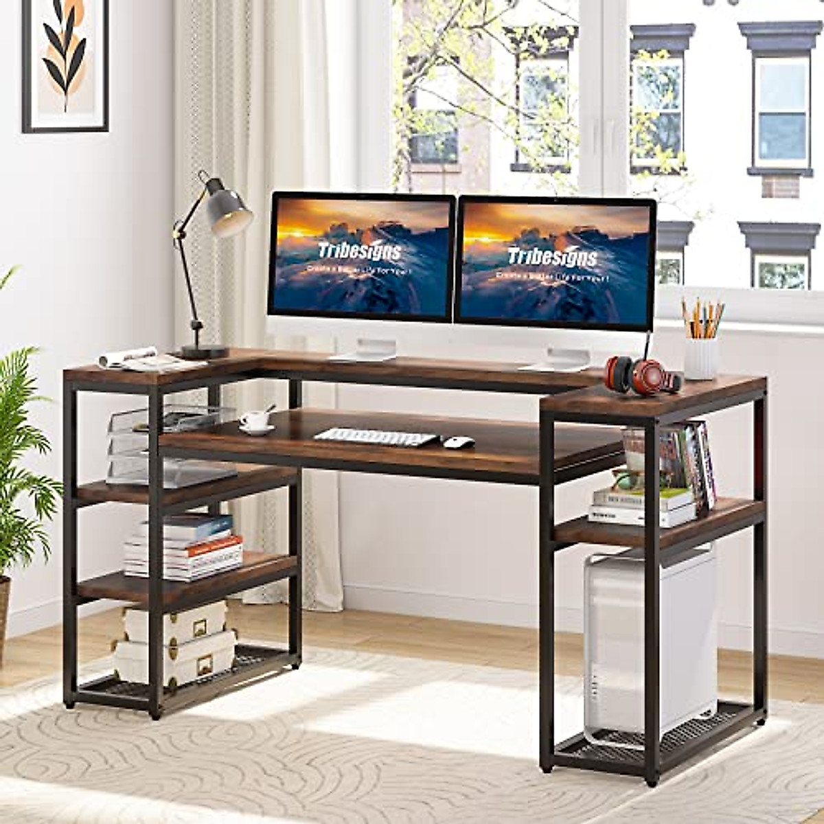 Tribesigns 63 Inches Computer Desk with Open Storage Shelves, Large Office Desk with Monitor Shelf & CPU Stand, Study Writing Table Workstation with Printer Stand for Home Office(Brown)