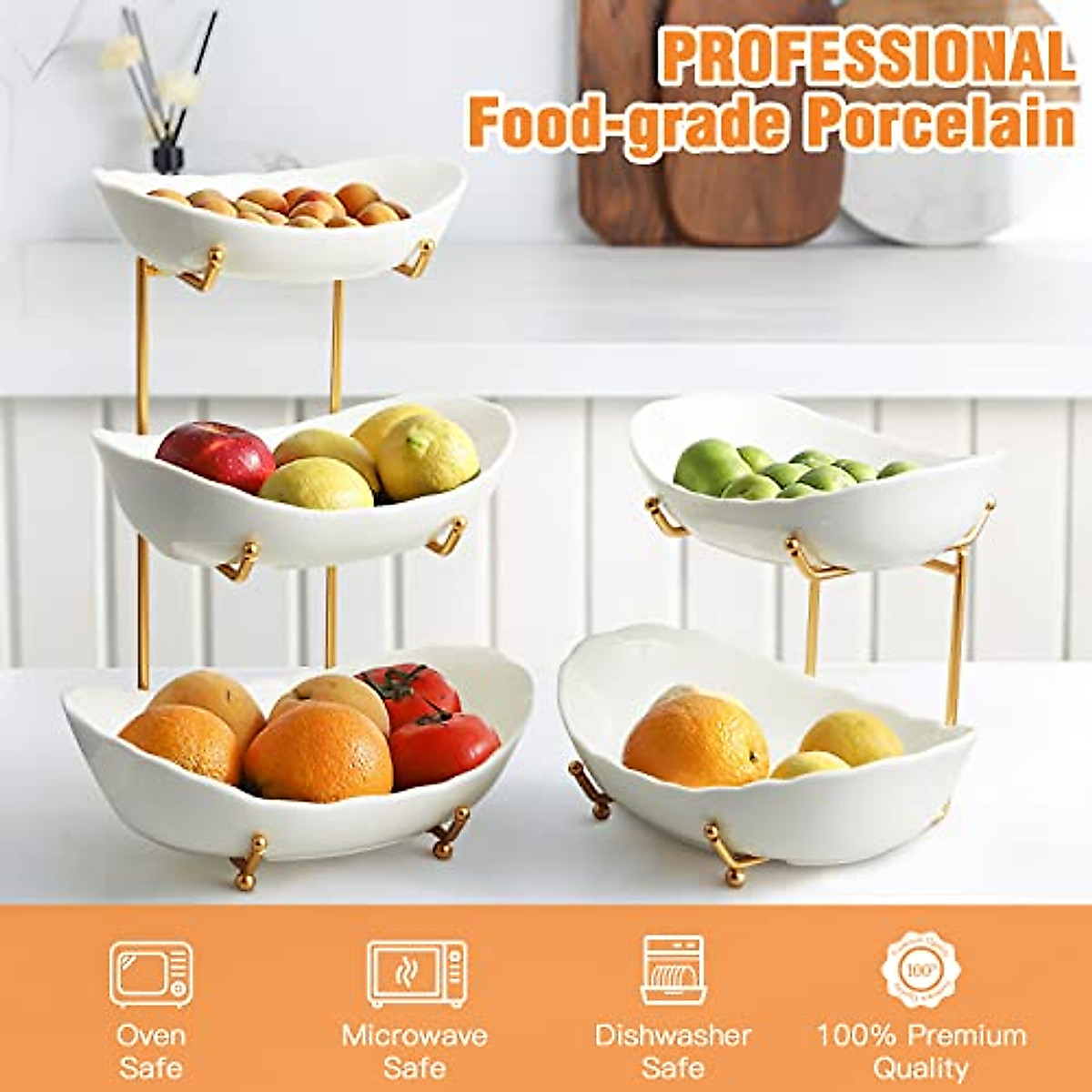 HOMKULA Fruit Bowl for Kitchen Counter - 3 Tier Ceramic Serving Bowls with Metal Stand, Tiered Fruit Basket for Fruit Vegetable Storage, Snack, Nuts, Cake, Dessert (Gold)