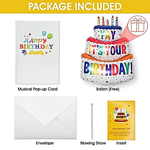 Birthday Card, Pop Up Birthday Cards with Music and Lights - Set of 3D Birthday Card and Birthday Balloon - Blow Candle and Plays "Happy Birthday" Song - 3D Pop Up Birthday Card for Kids Woman and Men - The Perfect Birthday Card with Envelope - Fun and Su