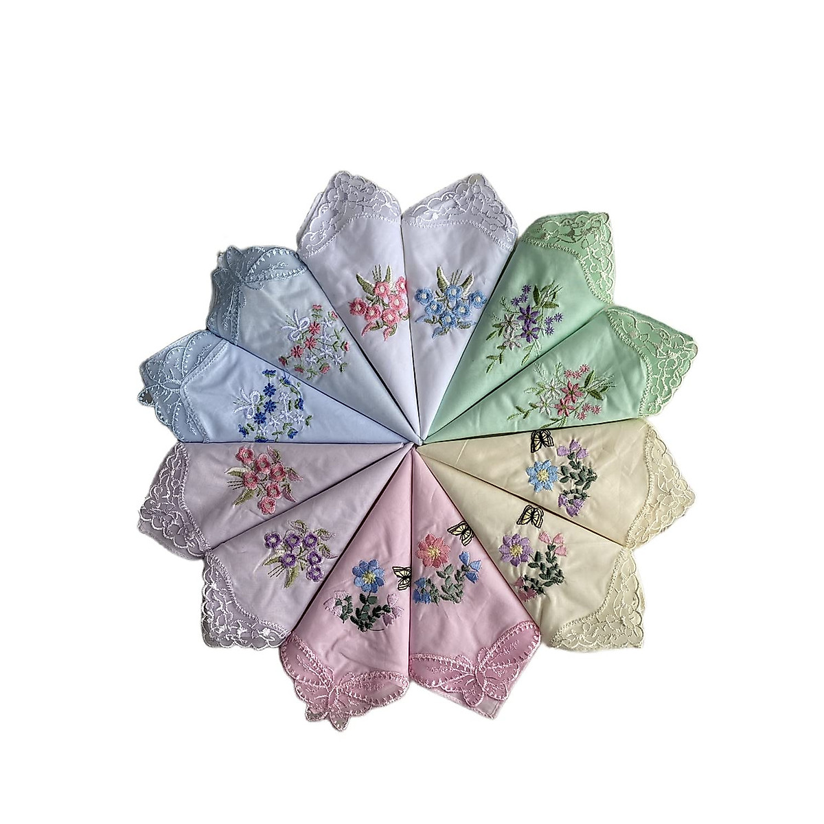 FTSUCQ Womens Vintage Floral Wedding Party Cotton Handkerchiefs, Embroidered with Lace (Lace Handkies-12PCS)