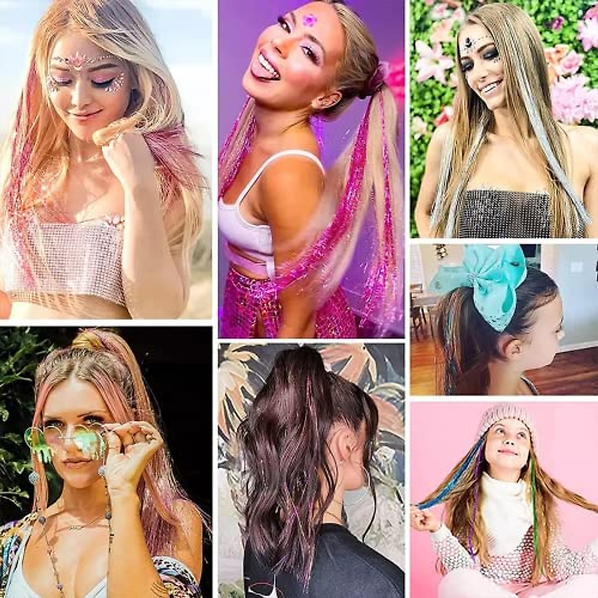 Sedfzo 47 Inch Tinsel Hair Extensions Glitter Kit - 12 Mixed Colors 2400 Strands Sparkling Shiny Hair Tinsel with Tools for Ball Party,Halloween Christmas New Year Halloween Cosplay Party