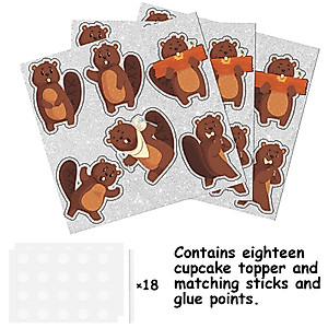 18pcs Brown Glitter Cartoon Beaver Dessert Cupcake Topper Baby Shower Theme Decor Supplies Boys Girls Happy Birthday Party Decorations