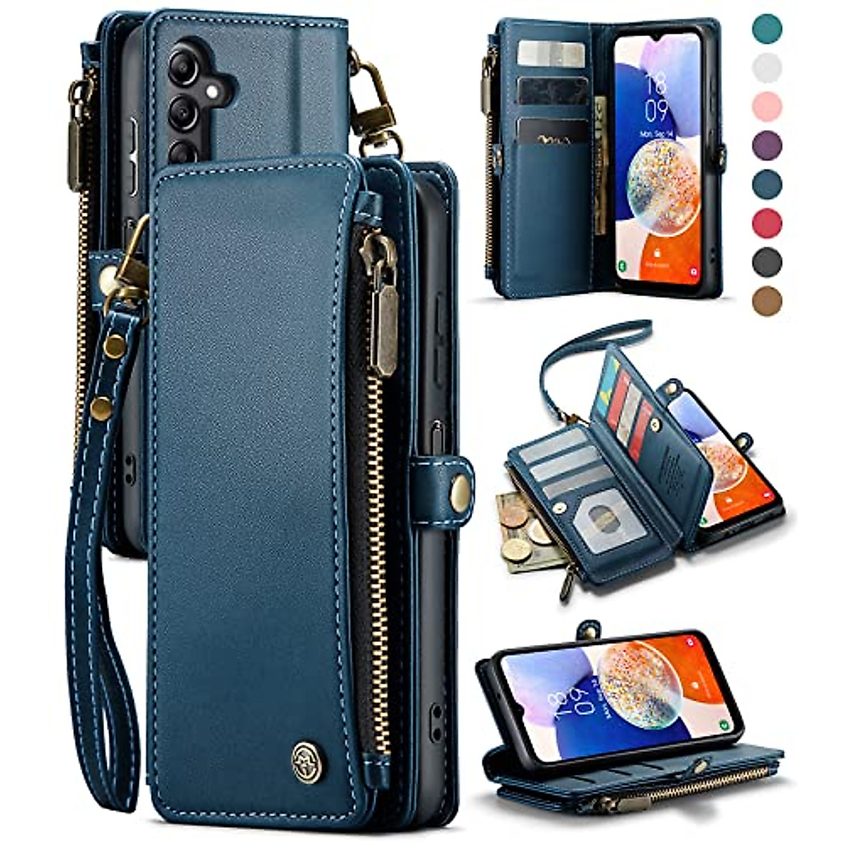 Defencase for Samsung Galaxy A14 5G Case, RFID Blocking Samsung A14 5G Case Wallet for Women Men, PU Leather Magnetic Flip Strap Zipper Card Holder Wallet Phone Case for Galaxy A14 5G, Fashion Blue